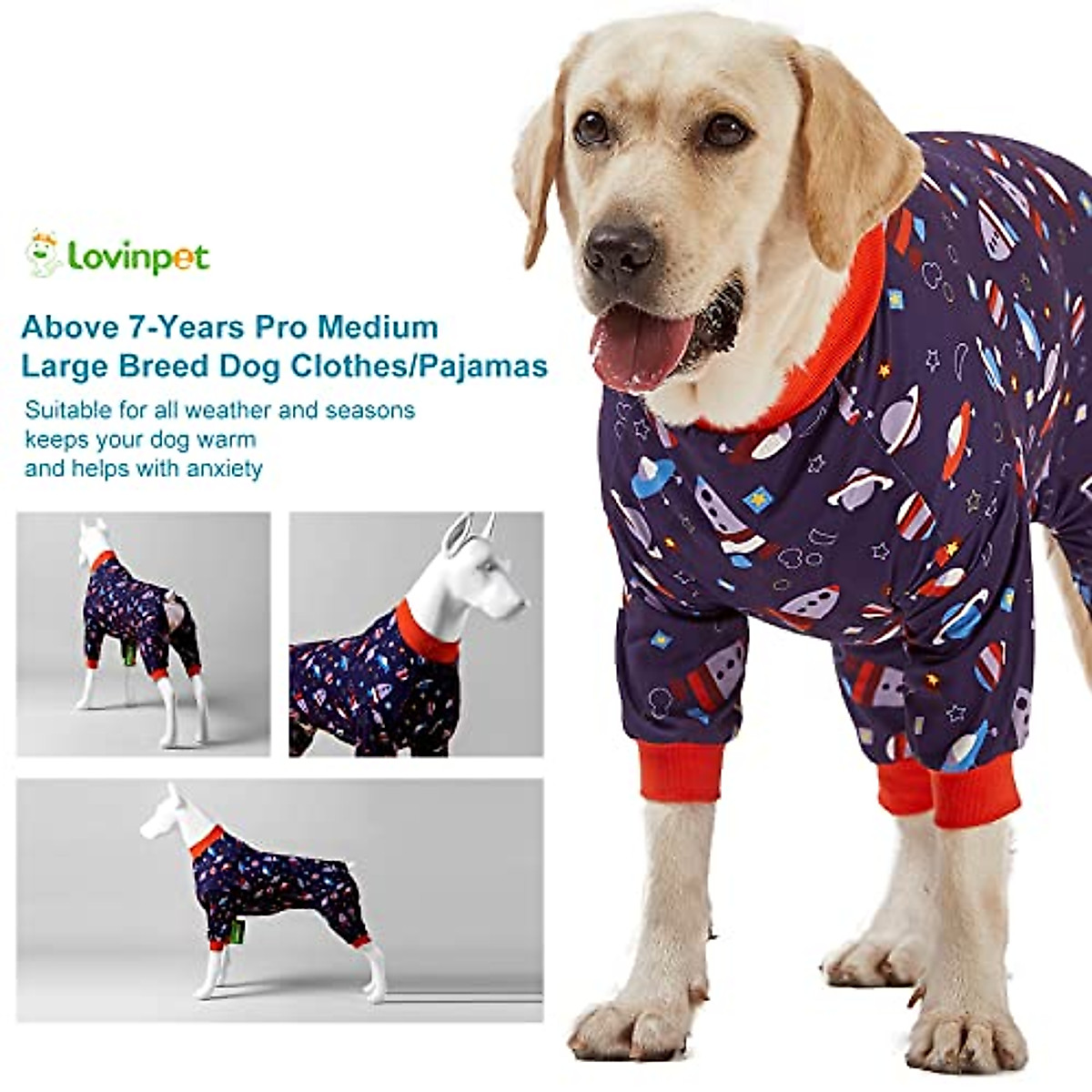 LovinPet Pullover Pitbull Pajama PJS - Lightweight Pullover Pajamas, Full Coverage Dog Pjs,Spacecraft Navy Print, Large Breed Dog Pjs/XL
