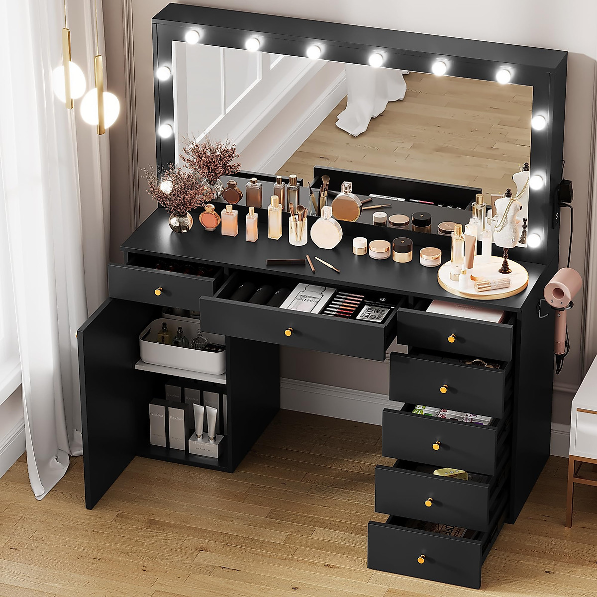 YITAHOME Makeup Vanity Desk Set with Mirror and Lights, 56'' Dressing Table with Large Tabletop, 3 Color Modes Adjustment, Power Outlet, 7 Drawers, Cabinet, Bedroom (Black)