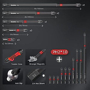 Magnetic Impact Phillips Bit #2 Insert Bits 1 2 3 4 6 inch Anti-Slip Long Screwdriver Bit Set PH2 1/4 Inch Hex Shank Cross Impact Driver Bit for Power Drilling (10PC,25-150mm)