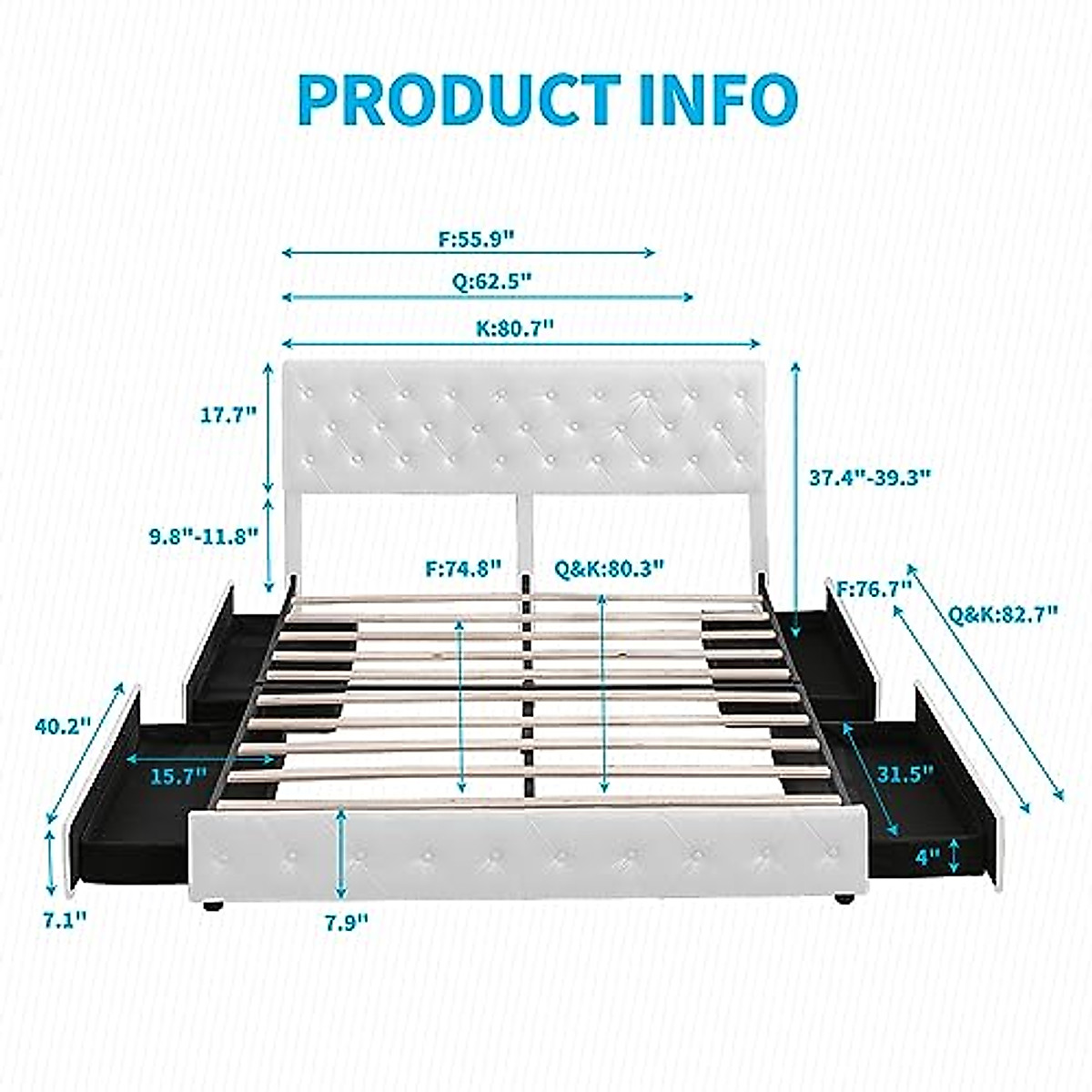 Mjkone Upholstered California King Platform Bed Frame with 4 Storage Drawers, PU Leather Modern Bed Frame with Adjustable Headboard, Button Tufted Design/No Box Spring Needed/Easy Assembly (White)