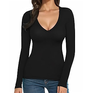 MANGOPOP Women's V Neck Short Sleeve Long Sleeve Slim Fit T Shirt Tunic Tops Tee