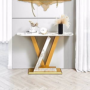 FRITHJILL 47.2" Modern Console Table with Metal Frame, Adjustable Foot Pads, and Sintered Stone Top for Entryway, Hallway, Living Room, and Office, Gold