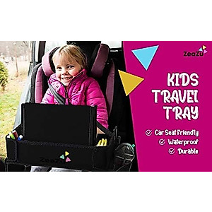Kids Travel Tray with Bag - Toddler Car Seat Tray, Foldable Lap Travel Table Desk with iPad Holder, Drawing Board, Storage Pocket Organizer for Child Road Trip, Car Stroller, Airplane - Pink