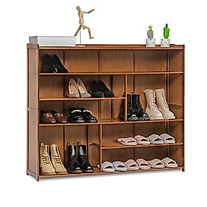 MoNiBloom Bamboo Shoe Storage Cabinet, Free Standing 6 Tier Shoe Rack Organizer Shelf with Boots Compartment for 26-30 Pairs Entryway Hallway Bedroom, Brown