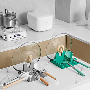 Drescu Silicone Spoon Holder Spoon Rest with Lid Holder for Stove Top,BPA Free Utensil Rest for Kitchen Countertop,Non-Slip Heat-Resistant Stove Utensil Holder for Spatula,Ladle,Tong&Pot Lid (Grey)