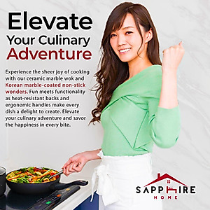 HOME N KITCHENWARE Nonstick Ceramic Wok, Frying Pan - Premium 9-Layered Cookware, Korean Marble-Coated - Easy to Clean Cast Aluminum - Induction Ready for Saute, Stir-Fry, Eggs, Fried Rice 8-Inch