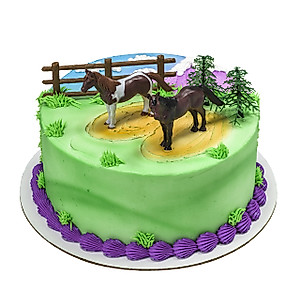 DecoSet® Horses Cake Topper, 5-Piece Topper Set Cake Decoration with 2 Horses, Fence, and Trees, Ready to Use For Equine-Themed Birthday, Celebration, Food Safe