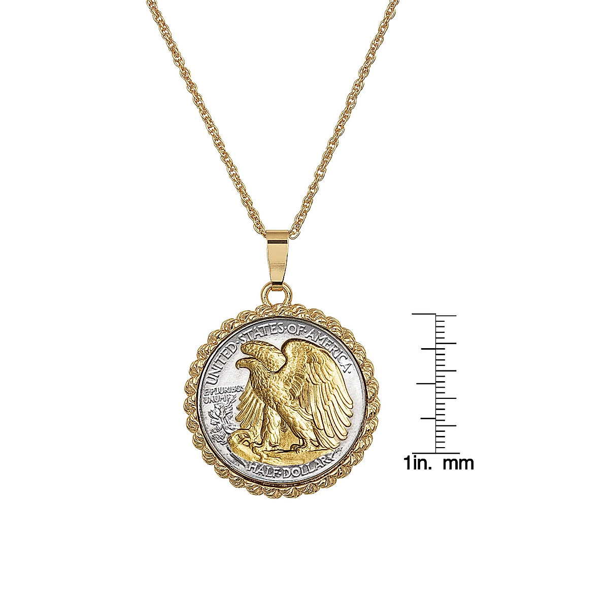 American Coin Treasures Coin Pendant Necklace Walking Liberty Half Dollar– United States Genuine Coin | Eagle Reverse Side| Goldtone 24 Inch Rope Chain | Certificate of Authenticity