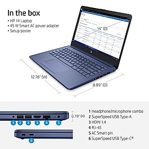 HP Stream 14-CF21 Laptop 2022 14” 1366 x 768 Display Intel Celeron N4120, 4-core, Intel UHD Graphics, 8GB DDR4, 64GB SSD, Wi-Fi 5, Office 365 Personal 1-year Subscription Windows 11 Pro