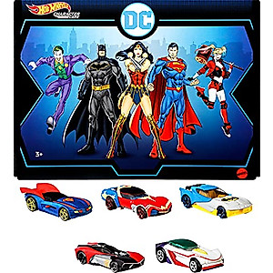 Hot Wheels Dc Toy Character Car 5-Pack in 1:64 Scale: Superman, Batman, Wonder Woman, the Joker Gt & Harley Quinn
