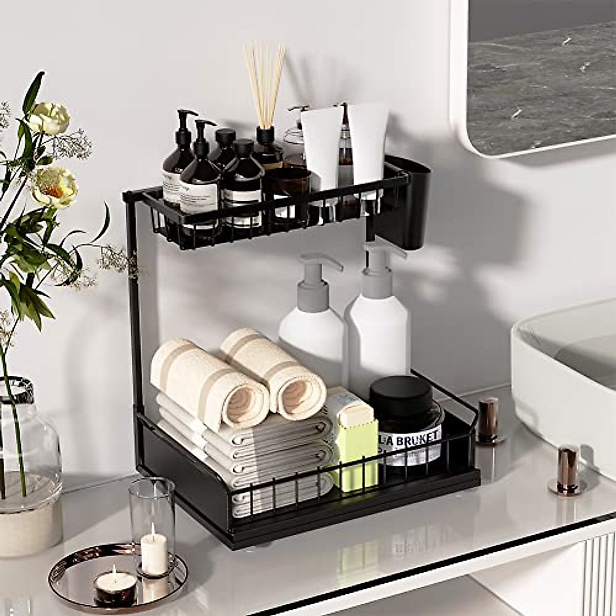 Gracenal Under Sink Organizer, Kitchen Organizers and Storage 1 Pack & Ribbed Glass Cups with Straws 12oz, Drinking Glasses Set of 4