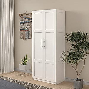 Voohek, White Wardrobe Closet with 2 Doors and Hanging Rod, Kitchen Cabinet 3 Partitions to Separate 4 Storage Spaces for Bedrooms, Dining Room, Entryway, Large