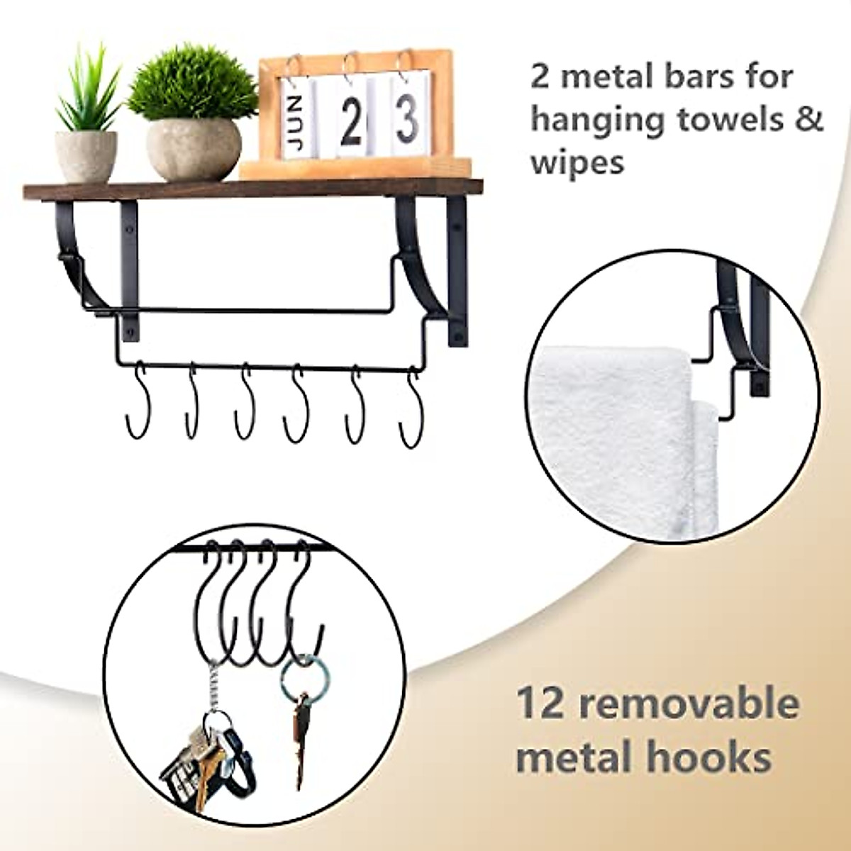 LAVIEVERT Floating Shelves Wall Mounted, Rustic Wood Shelves with 2 Towel Bars and 12 Removable Hooks, Decor Storage Shelves for Bedroom, Living Room, Bathroom, Kitchen, Office - Set of 2