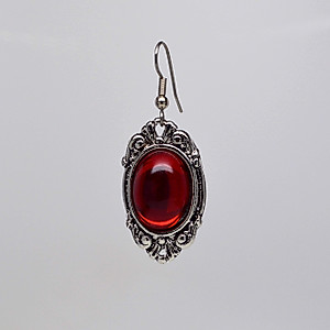 Gothic Blood Red Cabochon Dangle Earrings In Silver Finish Pewter Frame