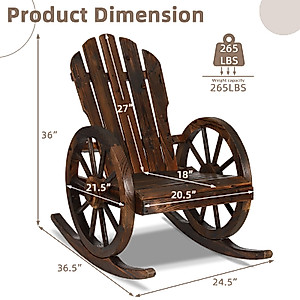 EPICOZY 2 Piece Outdoor Wood Wagon Rocking Chair, Patio Rustic Adirondack Porch Rocker with High Back & Slatted Seat, Carbonized Wood Rocker Chair with Wagon Wheel Armrest for Indoor, Backyard, Garden