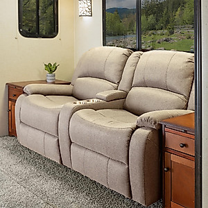RecPro Charles 64" Double Recliner RV Sofa with Console and Cupholders | Zero Wall Loveseat for Camper | Wall Hugger Couch | Fifth Wheel Theater Seating | Replacement RV Furniture | Oatmeal Cloth