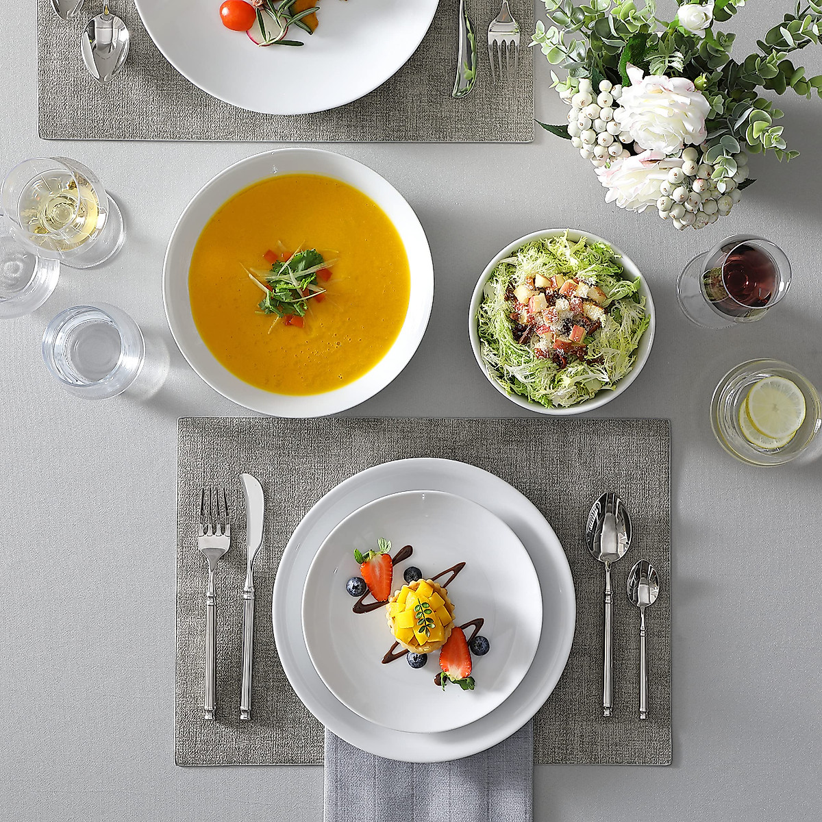 MALACASA 24-Piece Gourmet Porcelain Dinnerware Sets, Modern White Round Dish Set for 6 - Premium Serving Plates and Bowls Sets for Dessert, Salad, Soup, Pasta - Series AMELIA