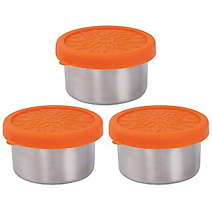 kilofly 3-Piece BPA Free Leak Proof Reusable Round Eco to Go Stainless Steel Food Storage Container with Silicone Lid for Dip Condiment Salad Dressing Meal Prep Snack Lunch, 3.4-Ounce Orange