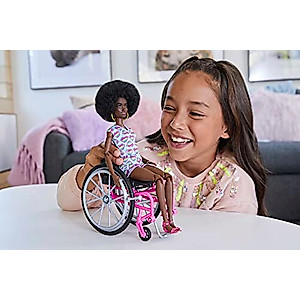 Barbie Fashionistas Doll #194 with Wheelchair and Ramp, Natural Black Hair and Rainbow Heart Romper with Accessories
