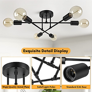 Modern Sputnik Chandelier 6-Light Industrial Ceiling Lights Fixture 22" Black Semi Flush Mount Ceiling Light with E26 Base Sputnik Lights Fixture for Dining Room Bedroom Foyer Hallway Living Room
