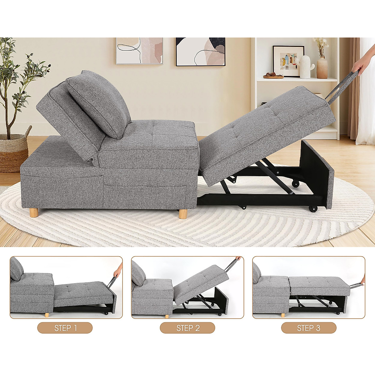 SEJOV Convertible Sofa Bed, 4-in-1 Sleeper Sofa Chair Bed with 6 Adjustable Backrest and Pillow,3-Seat Folding Ottoman Couch Bed Linen for Bedroom Small Space Living Room Office, Grey