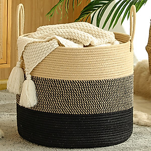 KAKAMAY Large Blanket Basket,Woven Baby Laundry Hamper for Storage, Cotton Rope Blankets Baskets for Nursery, Laundry, Living Room, Pillows, Baby Toy Chest with Handles (Black)