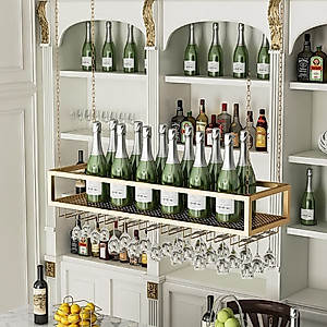 Ceiling Wine Glass Rack, Hanging Metal Wine Rack Cabinet, Height Adjustable Industrial Wine Bottle Rack, Wine Glass Storage Rack for Different Types of Goblets, Suitable for Bar Coffee (Gold, 59in)