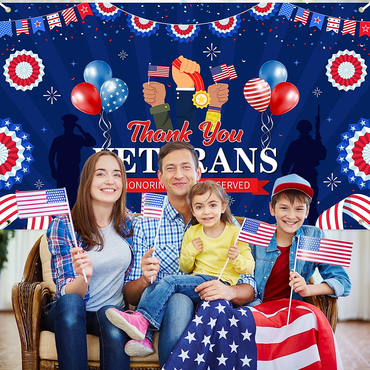 Avezano Veterans Day Banner Thank You Veterans Backdrop Patriotic Decor Veterans Day Memorial Day Decorations Thank You Veterans Supplies for Party Banner 70.8 x 43.3 Inch