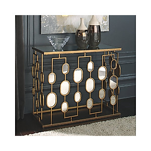 Signature Design by Ashley Majaci Retro Mirrored Glass Top Console Table, Gold Finish