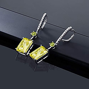 Gem Stone King 14.60 Ct Octagon Checkerboard Yellow Lemon Quartz Green Peridot 925 Silver Dangle Earrings