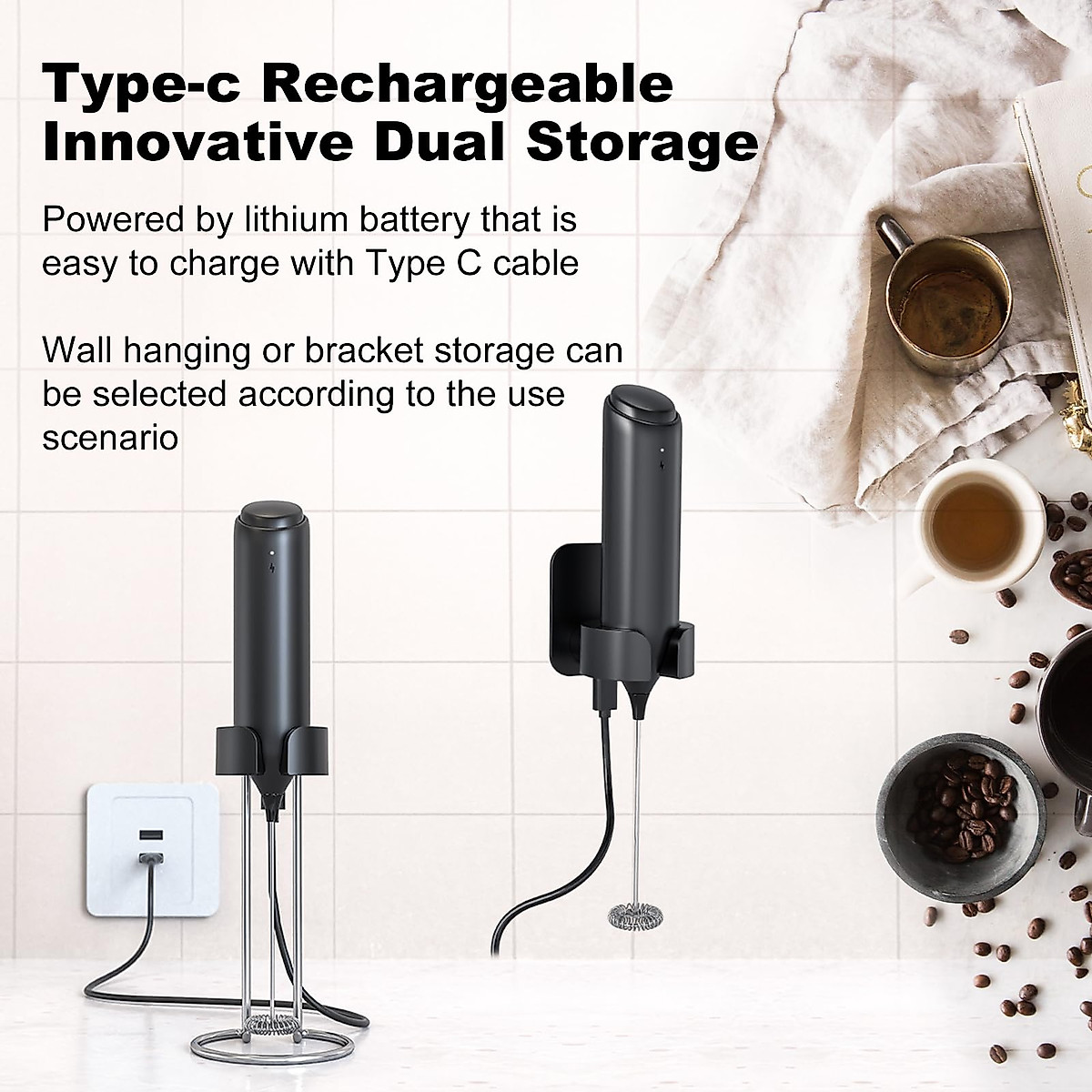 Rechargeable Milk Frother Handheld Foam Maker for Lattes - Whisk Drink Mixer for Coffee with Stand, Mini Electric Foamer for Latte, Cappuccino, Frappe, Matcha, Hot Chocolate (Stand+Black)