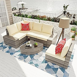 6 Pieces Patio Furniture Sets Outdoor Couch, Modular Rattan Outdoor Sectional Sofa Patio Set, All Weather Pe Wicker Patio Conversation Sets for Lawn, Garden, Backyard, Poolside