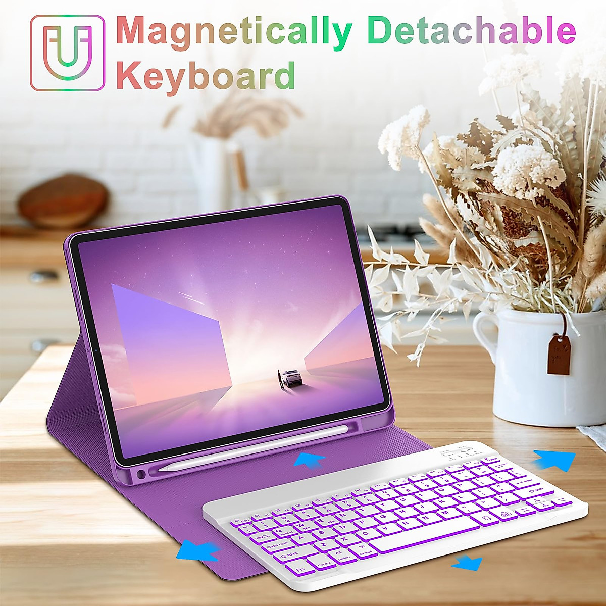 iPad Air 5th 2022/Air 4th 2020 Generation Case with Keyboard 10.9 Inch, 7 Colors Backlit- Detachable Bluetooth Keyboard- Slim Folio Stand with Pencil Holder for Pro 11 Inch 4th/3rd/2nd/1st Gen, Purple