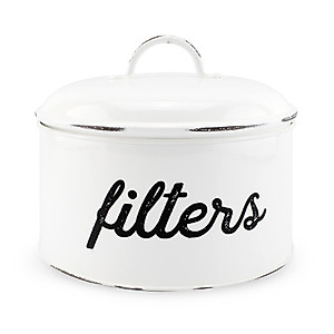 AuldHome Basket Coffee Filter Holder, White Enamel Filter Storage Container in Rustic Farmhouse Distressed Enamelware Design