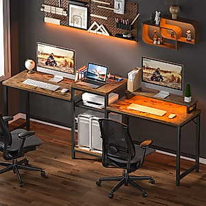 Unikito Double Computer Desk with LED Strip and Power Outlet, 2 Person Desk with Monitor Stand and Storage, Ergonomic Computer Desk with Printer Stand for Home Office, Long Gaming desk, Rustic Brown
