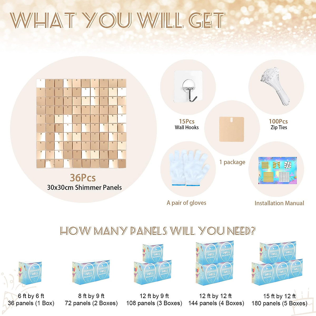 Champagne Shimmer Wall Backdrop Shimmer Panels Sequin Backdrop 36PCS Glitter Party Backdrop for Birthday Wedding Anniversary Engagement Baby Shower & Bachelorette Decorations Party