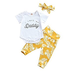 0-18M Newborn Baby Girls Clothing Set Short Sleeve Cotton Letter Romper Bodysuit + Floral Pants + Headband (I Love Daddy , 0-3 Months )