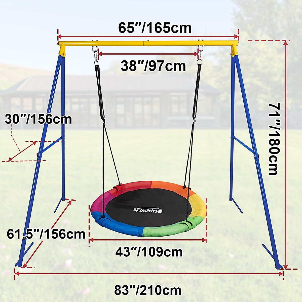 Hishine 43" Saucer Swing Set und Swing Stand for Porch Outdoor Heavy Duty Swing Frame, Full Steel Metal Frame with 4 Ground Pegs, 71" Height Holds Up to 550lbs
