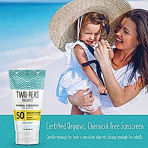 Two Peas Organics - All Natural Organic SPF 50 Sunscreen Lotion - Coral Reef Safe - Baby, Kid & Family Friendly - Chemical Free Mineral Based Formula - Waterproof & Unscented – 3oz