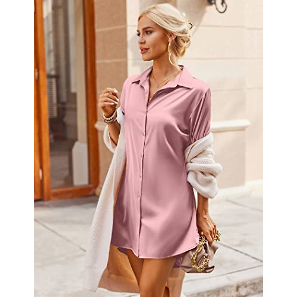 Ekouaer Nightwear for Women Sexy Satin Sleepshirt Long Sleeve Classic Sleepdress Dark Pink XLarge