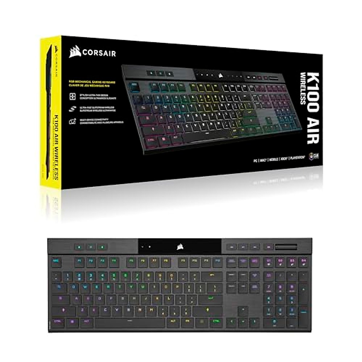 Corsair K100 AIR Wireless RGB Mechanical Gaming Keyboard - Ultra-Thin, Sub-1ms Slipstream , Low-Latency Bluetooth, Cherry MX Ultra Low Profile Keyswitches - NA Layout, QWERTY - Black