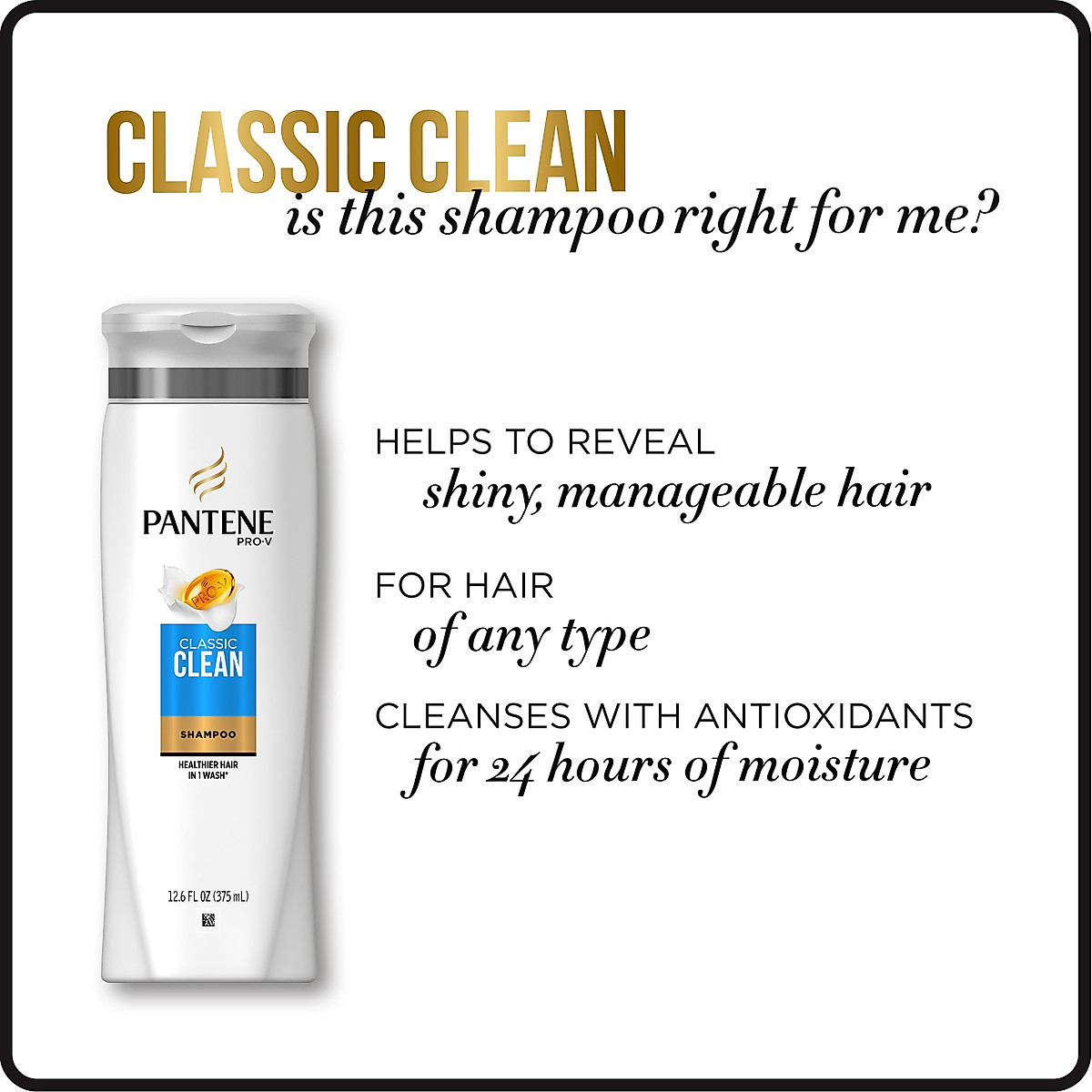 Pantene Pro-V Classic Clean Shampoo, 12.6 fl oz (Pack of 3) (Packaging May Vary)
