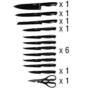 HZEX Premium Kitchen Knife Set, 13-Piece Knives Set in Block, Built-in Sharpener, High Carbon Stainless Steel Knives in Matte Black, Durable Chef's Butcher Steak Paring Utility Bread Knifes