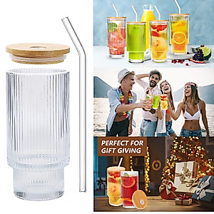 POYDORA 16 OZ Glass Cups with Lids and Straws, Vintage Ribbed Coffee Cups Drinking Glasses, Beer Glasses, Iced Coffee Glasses, Cute Tumbler Cup, Ideal for Whiskey,Cocktail,Wine (2 Pack)