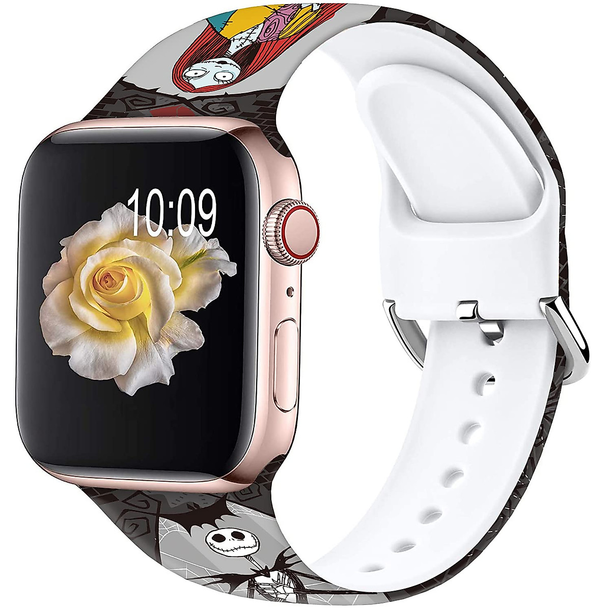 Sjiangqiao Compatible with Apple Watch Bands Halloween Sally/Jack Skellington 38mm 40mm 41mm Cartoon Band Replacement Strap Soft Silicone Chic Cartoon Design Pattern Sports Bands for iWatch Series SE 9 8 7 6 5 4 3 2 1 Men Women (Black-Halloween Jack&Sally