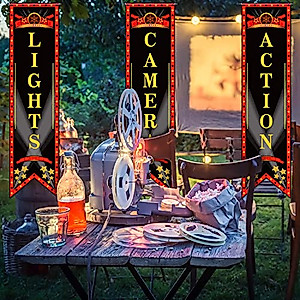 Tegeme Movie Night Porch Sign Banner Theme Party Decorations Theater Welcome Now Showing Lights Camera Action Hanging for Home Film Backdrop Supplies (Delicate Style, 3 Pieces)
