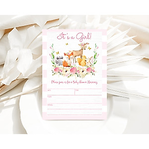 Your Main Event Prints Pink Woodland Baby Shower Invitations, Forest Animal Baby Shower Invitations for girl, with Bear, Raccoon, Deer, Baby Sprinkle, 20 Fill in Invitations and Envelopes