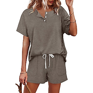 WIHOLL Lounge Sets for Women Shorts Short Sleeve Pajama Set Khaki XL