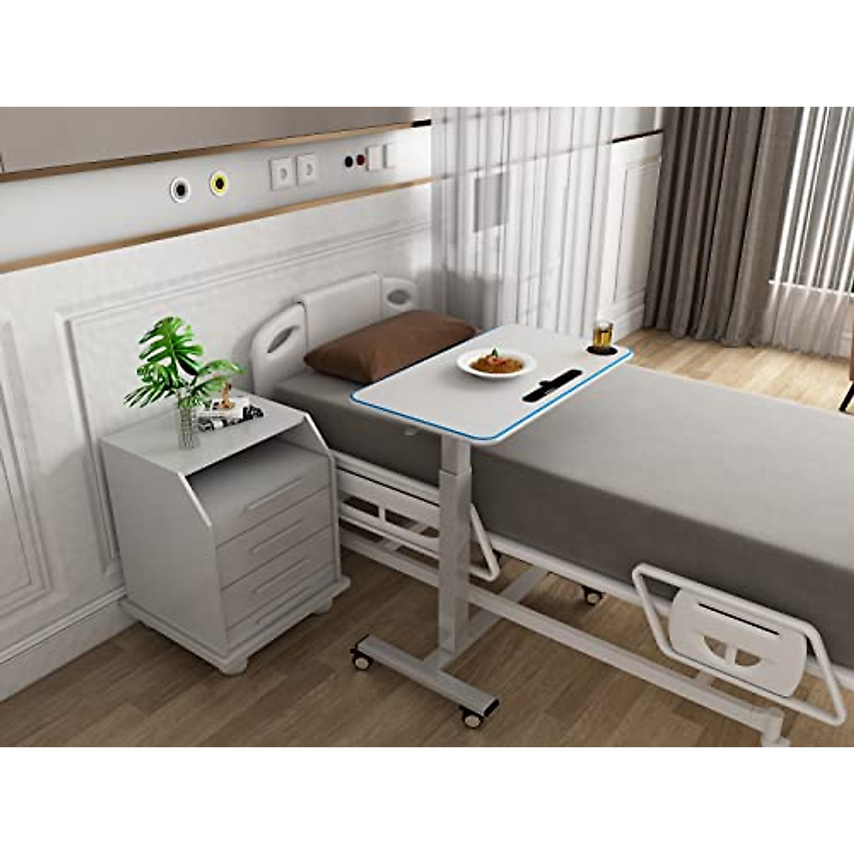 HITACTS Upgrade Multifunctional Height Adjustable Overbed Table with iPad Slot, Cup Holder, Lockable Wheels, Adjustable Overbed Bedside Table, Mobile Standing Desk Laptop Desk, Height 29"-44"
