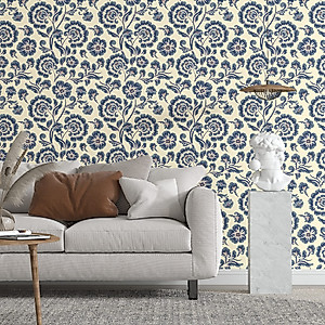 Blue Floral Wallpaper Peel and Stick Wallpaper Floral Contact Paper for Cabinets 17.3”×78.8” Wallpaper Self Adhesive Removable Wallpaper for Bathroom Sticker Pull and Stick on Wallpaper Vinyl Film